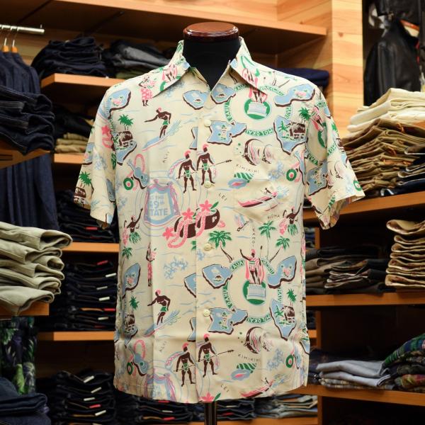 作品名：HAWAII THE 49th STATEオリジナル：KIHI KIHI年代：1950年後期素材：レーヨン羽二重プリント：抜染柄パターン：オールオーバーボタン：尿素復刻：2008年当時アラスカとアメリカ合衆国49番目の州を争ってまし...