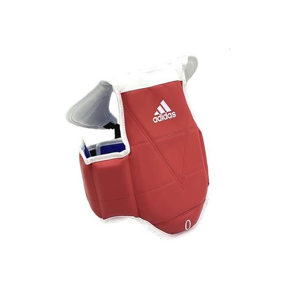adidas ボディプロテクター リバーシブル チェストプロテクター 赤・青のリバーシブルタイプです。一人でも簡単に付けられるようにマジックテープ式です。脇の部分が細くなっている構造で防具を着けてもパンチや蹴りを出しやすくなっています。厚み...