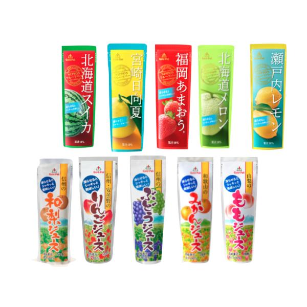 国産果汁100％ジュースを凍らせてシャーベットとしてお楽しみいただける、10種各１本の大人気セットです。10種類（もも、ぶどう、みかん、りんご、和梨、メロン、あまおう、スイカ、日向夏、レモン）のジュースが各1本（計10本）のセット商品です。...