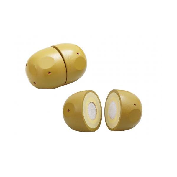 おままごとあそびにつかう「じゃがいも」のかたちをした木のおもちゃです。カレーをつくるのに必須の食材ですね。※セット内容：じゃがいも×１個です。２つに切れます。※与える目安：２歳前後※サイズW65×D45×H45（簡易パッケージ）重量：55g...