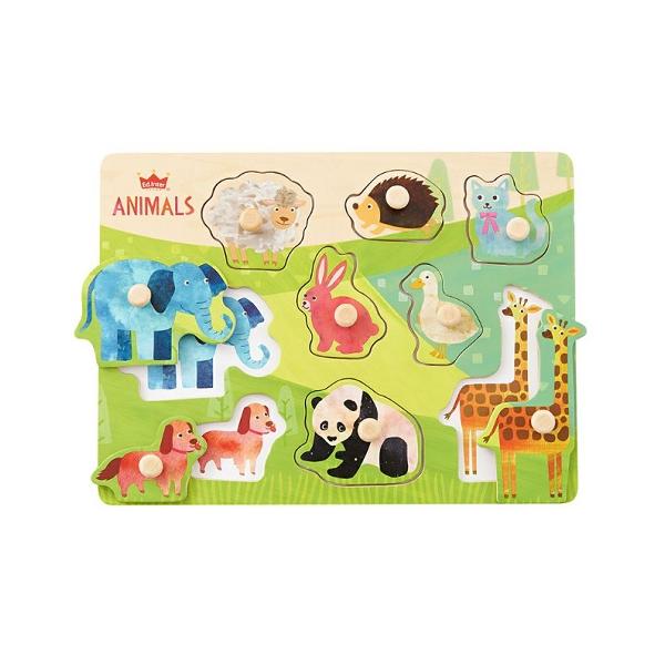 人気の動物9種類を集めた木製パズルが、おしゃれなイラストになって全面リニューアルしました。ピースの真ん中には木製の大きなペグ（取っ手）付きなので、小さいお子様でもラクラクつかんであそべます。ボードやピースは角を優しく面取りし、お子様がなめた...
