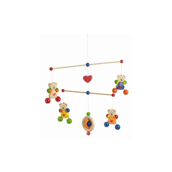 とてもかわいいくまさんとハートが空気の流れに合わせてゆっくり動きます。はっきりした色使いなので、視力の弱い赤ちゃんでも目で追うことが出来ます。天井からつるして、ゆっくりと回るモビールをながめていると心がなごみます！出産祝いなどギフトにも人気...