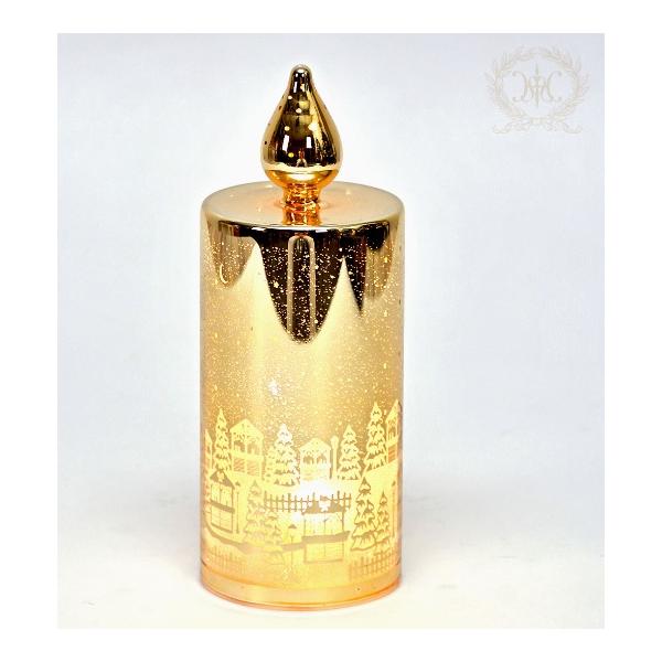 おしゃれなガラス製のキャンドル型LEDライト付きオブジェLサイズ。雪が降り積もる街並みの幻想的な風景に、夜空には月や星が描かれています。電池式のLEDライトを灯すと、光を透過して柄が浮かび上がり温かな雰囲気に。ガラス製のため本体が明るくなる...