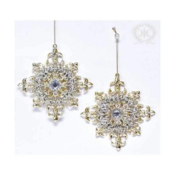 フレンチリリー柄をスノーフレーク型にデザインしたおしゃれなクリスマスツリーオーナメント2コセット。明るいゴールドカラーにシルバーのミックスカラーでどんな色とも合わせやすいツリー飾りです。中央には大きなラインストーンを装飾した高級感のあるデザ...