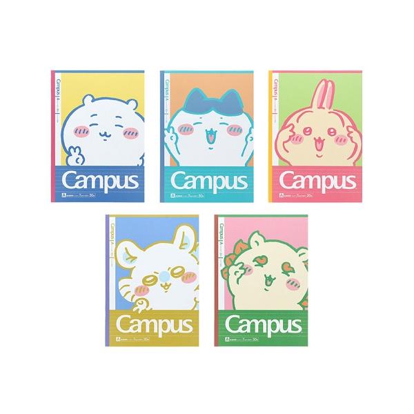 大人気ちいかわ柄のドット入りキャンパスノート5冊パックです！カラフルでかわいいフェイスアップデザイン。1冊30枚ノートです。本体サイズ：W179×H252×D20mm(5冊パック時)重量：592g材質：紙5冊パック（5柄）、中紙30枚、A罫...