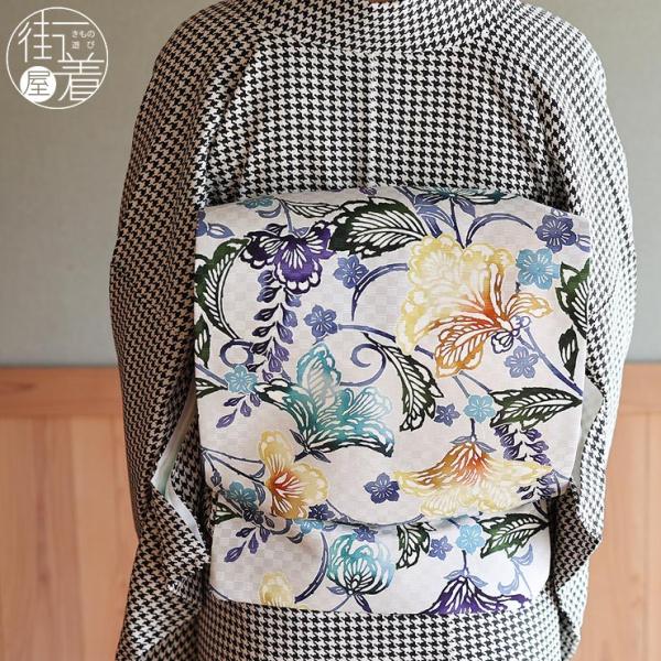 [召しませ花 名古屋帯] 染め 京袋帯 花そよぎ (グレー) 日本製 正絹 なごや帯 灰色 花柄 フラワー 唐草 琉球 紅型調 南国 お洒落 縁起 伊勢木綿 着物 きもの レトロ モダン アンティーク風 カジュアル レディース 女性 袷 色...