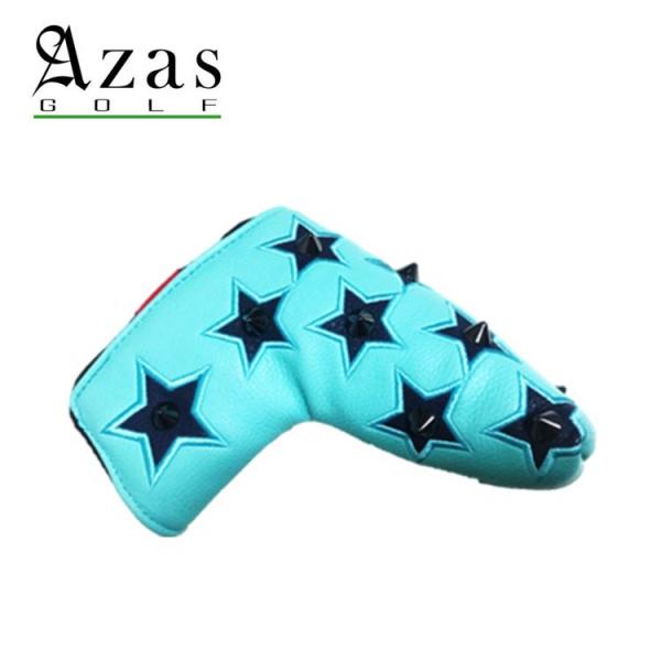アザスゴルフ セルモ ヘッドカバー仕様 : パター用(PT)素材 : PU合成皮革カラー :  黒×T.ブルー(NY)日本製職人が合皮レザーにスタッズを一つ一つ丹念に取り付けて製作しています。ゴルフ場でも一際目を引くデザインの一品。Azas...