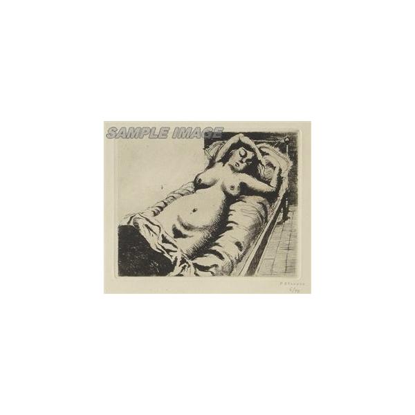 1970年頃年、エッチング、直筆サイン有版面の１ヶ所に約1 x 1.5 cmの大きさの横長のうすいシミ（裸婦の左腕の下の部分）と、マージンの数ヶ所に点状および斑状のシミがあります。また、シートの周囲の縁に変色があります。