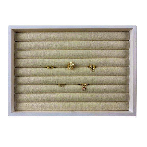 木製リング用トレイです。　リング列は8列ありたっぷりとリングを収納できます。コットン生地と木製枠の相性がとてもよく、売り場や商品をさわやかに、やさしい印象で演出致します。美容室や床屋、ネイルサロン、エステサロンなどのお店でお客様からネックレ...