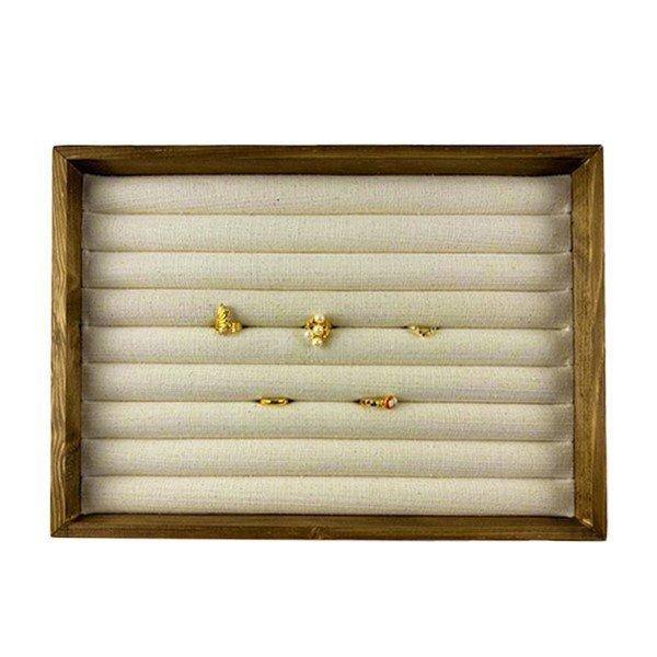 木製リング用トレイです。　リング列は8列ありたっぷりとリングを収納できます。コットン生地と木製枠の相性がとてもよく、売り場や商品をさわやかに、やさしい印象で演出致します。美容室や床屋、ネイルサロン、エステサロンなどのお店でお客様からネックレ...