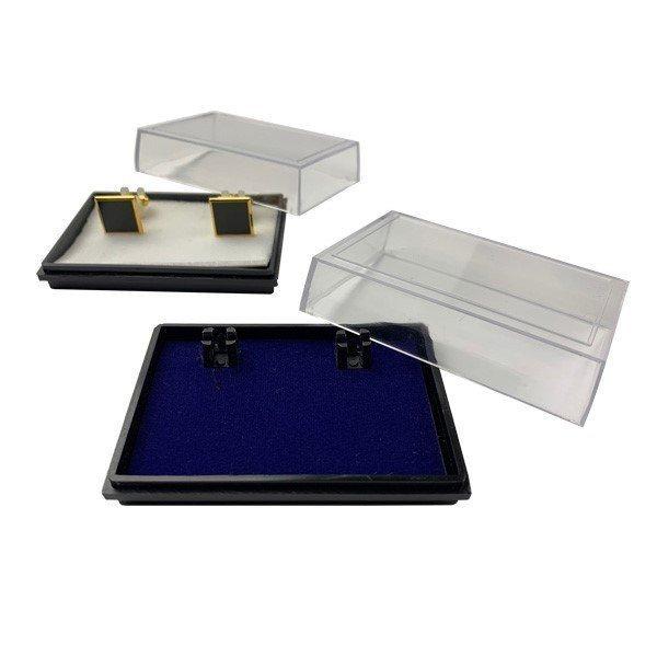 ◇素材　ポリスチレン　台紙　ウレタン　布貼り　◇サイズ　W 76mm D 58mm H 26mm《カラー》黒/紺　黒/白　　　　プラスチック製の爪が付いているカフスケースです。蓋が透明で中が見えますので店頭などでそのままディスプレイでき大変...