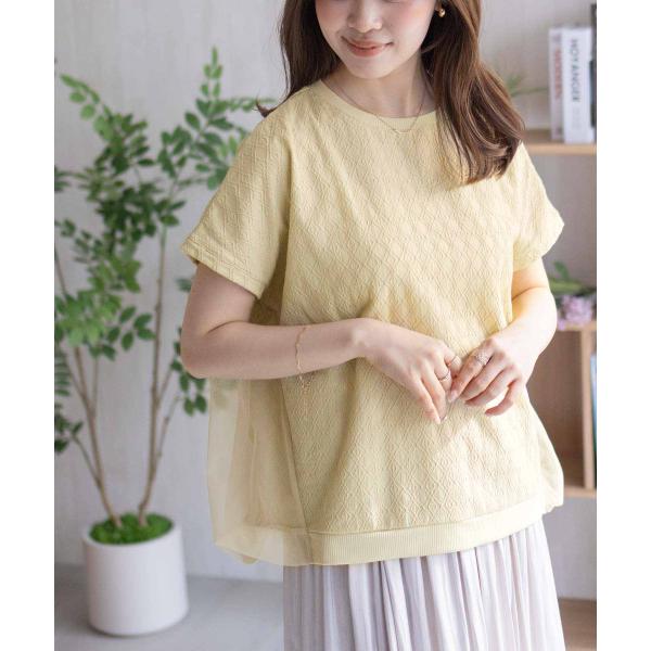 表面感のあるカットジャガード素材とチュールを組み合わせた、フェミニンなフレンチスリーブプルオーバーの登場です。カラーは、ブラック・イエロー・ブラウンの3色展開です。■デザイン立体感のあるジャガード素材が、上品な印象を与え、後ろ身頃のチュール...