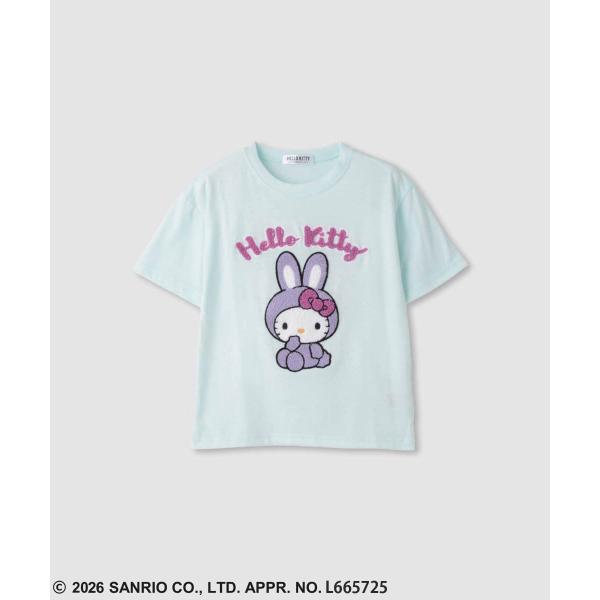 ハローキティのサガラ刺繍半袖Tシャツ。カラーは、ミントです。■デザイン思わず触れたくなる、もこもこサガラ刺繍で特別感をプラス。姉妹やお友達同士で、キャラクター違いのお揃いコーデも楽しめます◎■ポイントおうちの人も嬉しい！お手入れ楽ちんTC天...