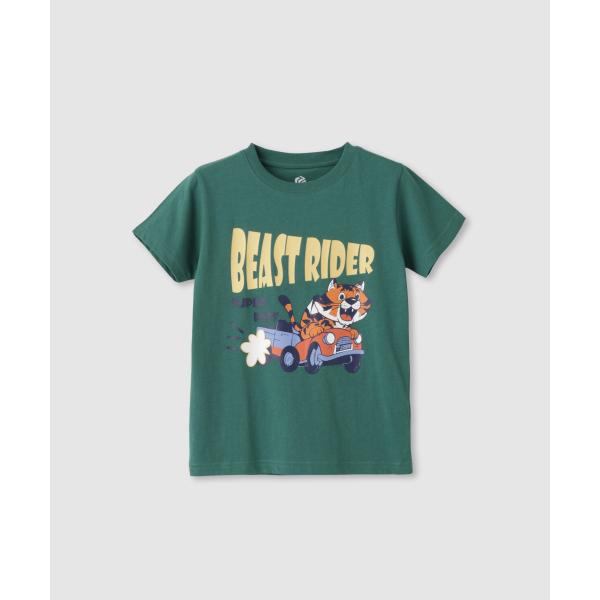元気いっぱいのお子様が思わず笑顔になる、ポップな動物アートが目を惹く半袖Tシャツ。カラーは、イエロー・グリーンの2色展開です。■デザインフロントに大きくプリントされた「サメ」と「トラ」のグラフィックが最大のポイント！思わず笑顔になっちゃうコ...