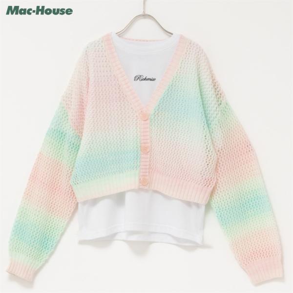 トレンドのグラデーションニットカーディガンと半袖Tシャツを合わせたアンサンブルです。かぎ針編みのニットなのでロングシーズン活躍します。カラーは、ピンク・パープルの2色展開です。サッと羽織れるニットカーデは通学にも最適◎グラデーションカラーが...