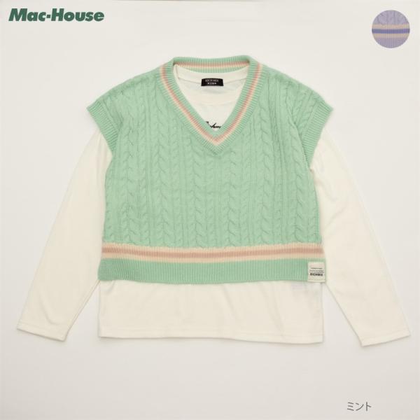 4,999円(税込)以上全国送料無料★☆★-リブラインがアクセントになったニットベストと長袖Tシャツを合わせたアンサンブルです。カラーは、ミント・パープルの2色展開です。オーセンティックなケーブル編みデザインがポイント！ベストのショート丈が...