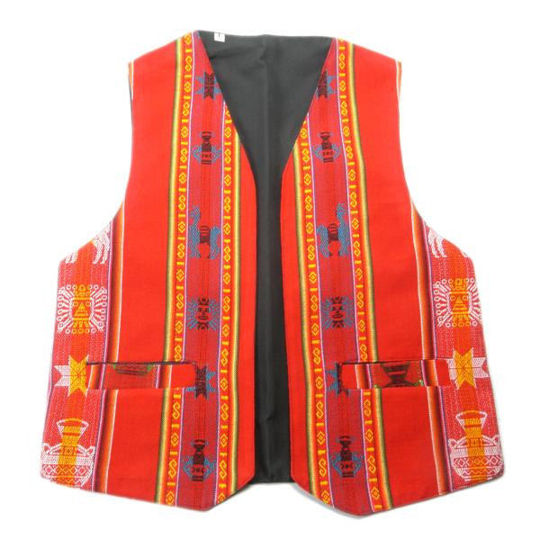 色鮮やかなアンデス柄の布地を表地に仕立てた、ボリビア製チャレコです。演奏会などのステージ衣装としても手軽に着用でき、華やかな印象を演出します。掲載写真の実物をそのままお届けしますので、イメージ違いの心配もありません。