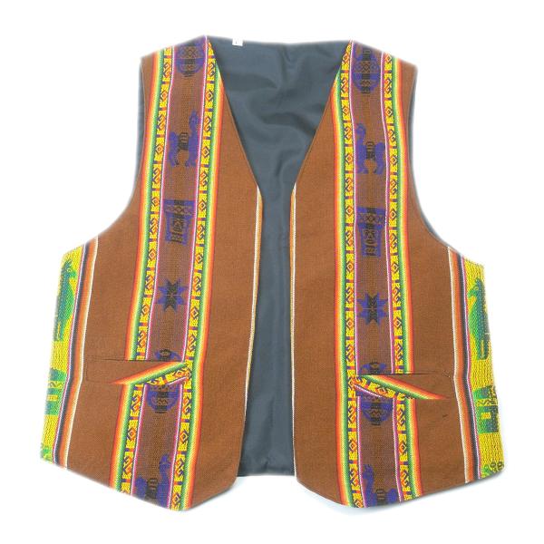 色鮮やかなアンデス柄の布地を表地に仕立てた、ボリビア製チャレコです。演奏会などのステージ衣装としても手軽に着用でき、華やかな印象を演出します。掲載写真の実物をそのままお届けしますので、イメージ違いの心配もありません。