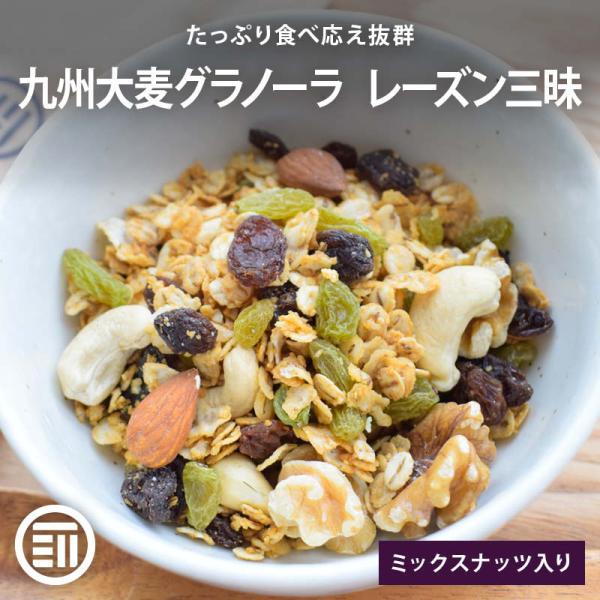 ◆商品説明九州産大麦と国産の黒糖蜜・米油で製造した「大麦グラノーラ」。そのグラノーラに、たっぷり食べ応え抜群の3種のレーズンと3種のナッツをブレンドしました。◆商品名：グラノーラ（レーズンナッツ）◆内容量：500g◆原材料：グラノーラ（大麦...