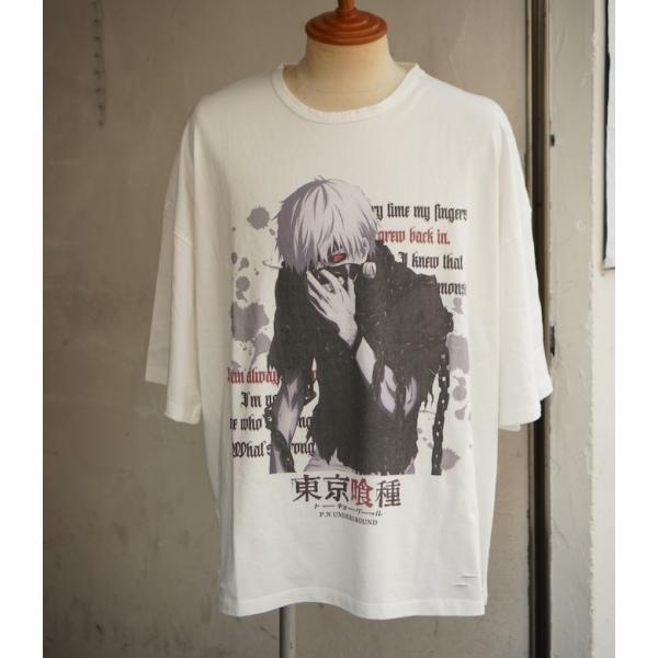 東京喰種トーキョーグールとのコラボTシャツなんだかんだ銀髪の金木くんは間違い無いです。ワイドBIGで丈は、控えめボディにダメージ加工が入ってます。Lサイズ着丈７７ｃｍ身幅６７ｃｍコットン１００％-UNDERGROUND-- BRAND CO...