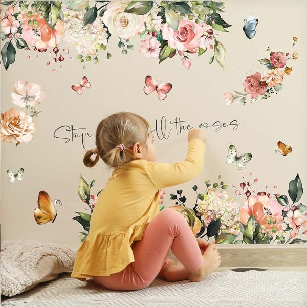 ウォールステッカー 飾り 薔薇 バラ ばら ローズ 花 【ローズガーデン】 はがせる 壁 シール ステッカー 大きい 壁紙 飾りつけ 飾り おしゃれ 北欧 植物 木 葉 草 観葉植物 ウェディング アンティーク 蝶 ちょうちょ 横長 大きい...