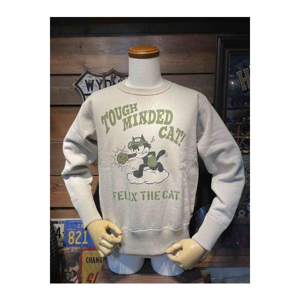TOUGH MINDED CAT=不屈の闘志をもつ猫、のタイトルとともに、雲の上からストレートパンチを繰り出すFELIX TH CATのイラストをヴィンテージスタイルのヘヴィーウェイトスウェットにプリント。サイズスペック[M]＝着丈62cm...