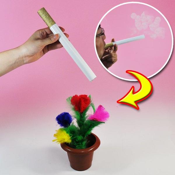 植木鉢が特大タバコの先に付いて空中に浮かび、さらに、ポットにカラフルな花が咲く！【花】