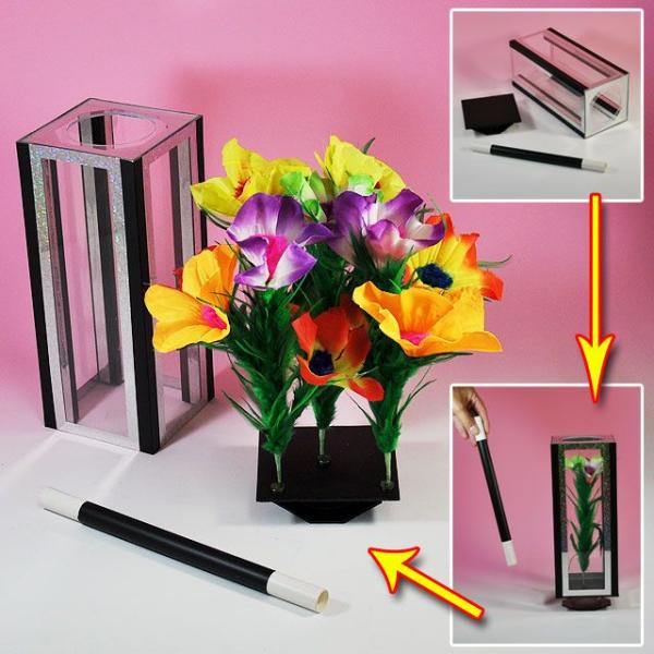 四角い透明な筒の中に１輪の花が出現！さらに、12輪もの豪華な花束が出現します。【花】