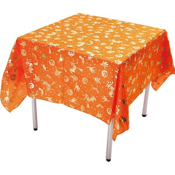明るいオレンジの生地に、パンプキンや魔女、猫やコウモリがゴールドでプリントされています。ハロウィンパーティの飾り付けにおすすめ！ド派手に演出しちゃいましょう♪テーブルクロス以外でも、壁面に飾ったり、衣装に活用したりお役立てください。布製 ハ...
