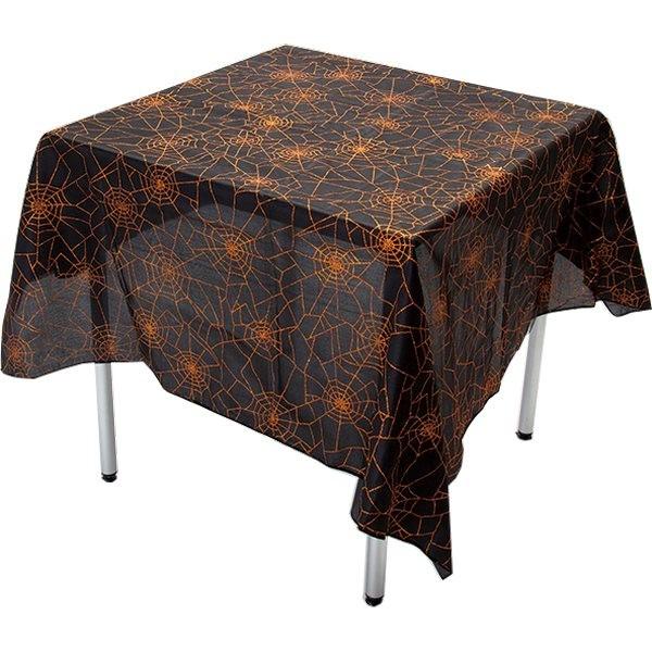 黒の生地に、スパイダーウェブ（蜘蛛の巣）がオレンジラメでプリントされています。ハロウィンパーティの飾り付けにおすすめ！ド派手に演出しちゃいましょう♪テーブルクロス以外でも、壁面に飾ったり、衣装に活用したりお役立てください。布製 ハロウィンテ...