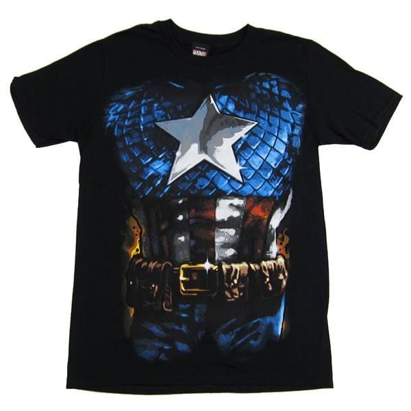 マーベル・ コミックの伝説的なヒーロー、キャプテンアメリカのコスチュームTシャツです。絵画のようなタッチでキャプテンアメリカのコスチュームがデザインされています。