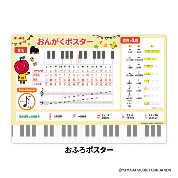 マグネット製のお風呂ポスターでぷっぷると音楽を勉強しよう！音楽やピアノを習いはじめた方におススメの、基本的な楽典を覚えられる音楽ポスターです！音名や音符と休符、音部記号と臨時記号など初心者が覚えておきたい音楽用語がお風呂に入りながら覚えられ...