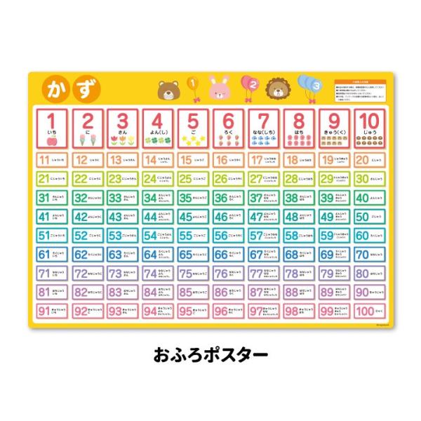 お風呂で数字を覚えよう！おふろポスターにすうじ表が登場しました。お風呂に貼ってかずの数え方を学習できるマグネット製ポスターです。数字の読み方がひらがなで記載されている数字表で、かぞえ方を練習すれば、お風呂の時間が楽しい学習時間になりますよ♪...