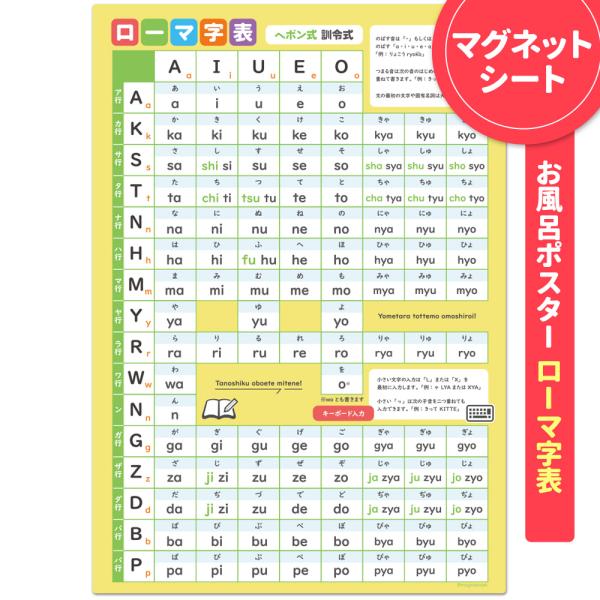 お風呂でローマ字を覚えよう！おふろポスターにローマ字表が登場しました。お風呂に貼ってローマ字を学習できるマグネット製ポスターです。綴りを確認したり、声に出して覚えたり、お風呂の時間が楽しい学習時間になりますよ♪ヘボン式と訓令式両方が併記され...