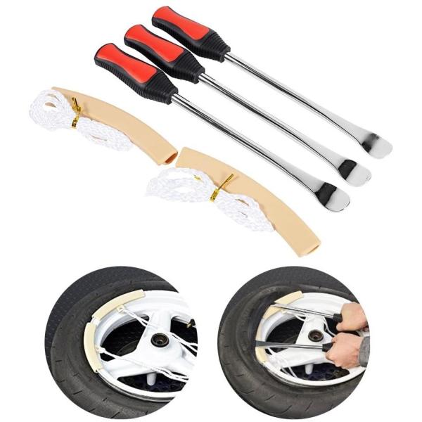 ■商品内容：タイヤレバー3本とリムプロテクター2個のセット■サイズ：画像をご確認ください。■材質：プラスチック+金属■参考適合：自転車、車、バイク、スクーターなどの小さいタイヤまで対応の汎用品です。■タイヤレバー：バイク等のタイヤ外しなど ...