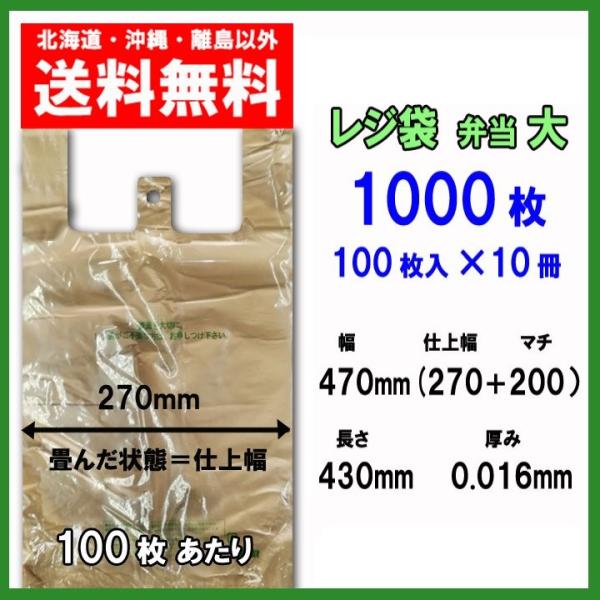 サイズ　　全体幅 470（仕上がり幅 270　マチ 200）×　長さ 430厚　み　　0.016ｍｍ入　数　　1000枚（100枚×10パック）材質　　　ＨＤＰＥ（高密度ポリエチレン）耐冷温度　-30度寸法焼却しても塩化水素等の有毒ガスを発...