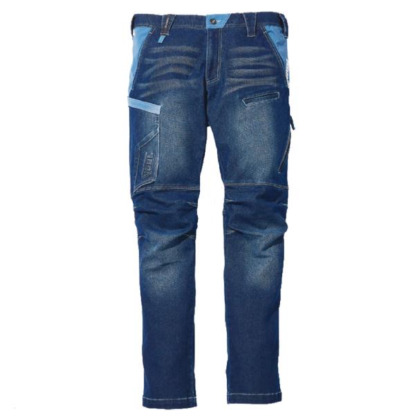 商品  :  遮熱機能を入れて、裏面点接触の肌触りの良いデニムカーゴパンツが登場！！          夏場のお仕事を快適にサポートします。●大胆な配色別布の組み合わせは、斬新で目を引くポイント●横伸びストレッチで伸縮性抜群●左カーゴポケッ...