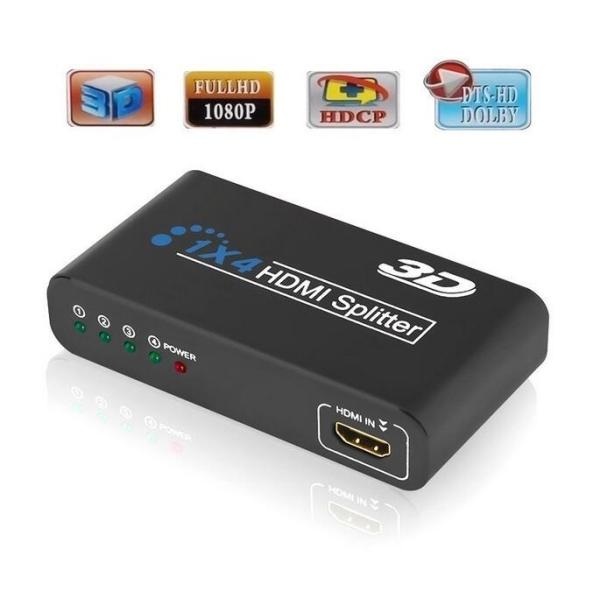 商品名  HDMI分配器/スプリッター 1入力 to 4出力　メス-メス 3D V1.3b 1080P カラー  ブラックサイズ  （約）H30×W110×D55mmスペック  入力用：標準HDMI タイプA(19PIN)オス ×1出力用：...