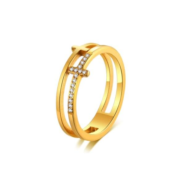 結婚指輪ゴールド/-/-・Color:ゴールドRingSize:15・パッケージ個数:1・【ダブル十字架指輪】洗練されたダブル十字架デザイン: おしゃれでエレガントなダブルクロスリングは、細身のシルエットにキュービックジルコニアが煌びやかに...