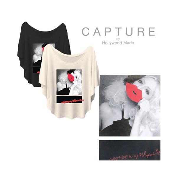 【商品名】キャプチャー Capture Tシャツ リップガールプリント ドルマンスリー◇ ドルマンみたいな半月形のユニークシルエット☆◇ モノクロ写真に真っ赤な指し色プリントがポイント！◇ 軽い素材感で繊細な女性らしさを演出！■ Staff...