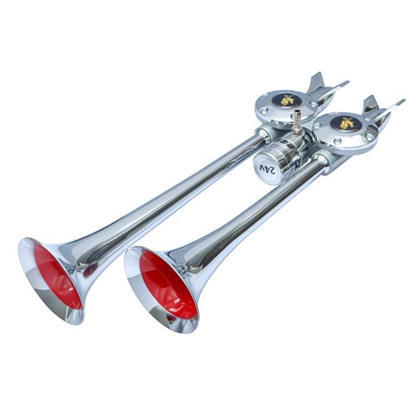 クロームメッキの2連ラッパのヤンキーホーン。24V車用。低電流仕様。通常のヤンキーホーンよりフラットモデルで狭い場所でも取付け可能。＜製品仕様＞定　格：DC24V/約2A音　量：115-125dbカラー：クロームメッキサイズ：(約)長さ46...