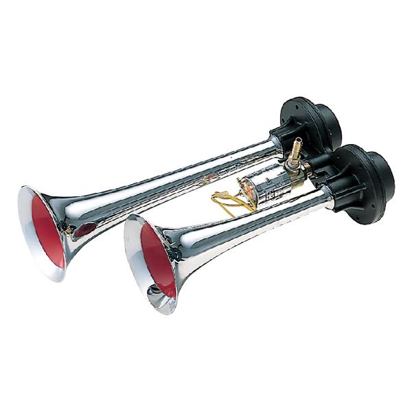 クロームメッキの2連ラッパのヤンキーホーン。24V車用。（ノーマルマグネットスイッチ仕様。）＜製品仕様＞電圧：DC24Vサイズ：約310mmラッパ部カラー：クロームメッキエアーホーンですので、エアーがないと鳴りません。（エアータンクやコンプ...