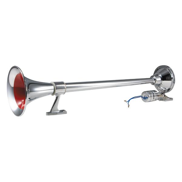 ジェットイノウエ製の丸ビッグホーン24Vです。重低音のビッグサウンドを奏でる迫力のサウンドパーツ長さ：約635mm（若干の個体差がございます。）電圧：24V定格電流：約1Aカラー：クロームメッキ材質：真鍮定電流マグネットスイッチ(24V)付...