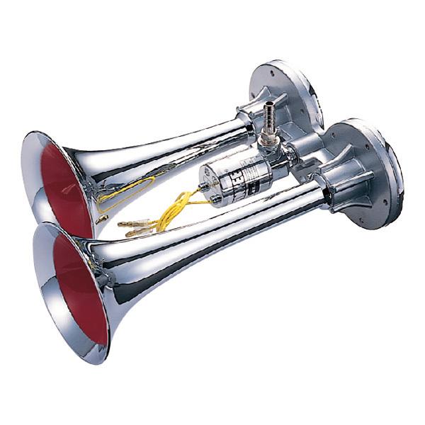 クロームメッキの2連ラッパのヤンキーホーン。24V車用。（ノーマルマグネットスイッチ仕様。）＜製品仕様＞電圧：　DC24Vサイズ：約235mmラッパ部カラー：クロームメッキエアーホーンですので、エアーがないと鳴りません。（エアータンクやコン...