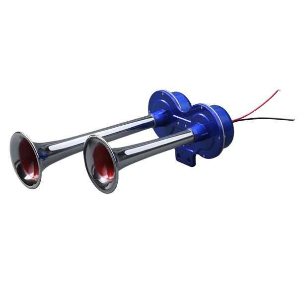 2連ラッパのヤンキーホーンです。エアーホーンではなく電子ホーンなので、エアタンク不要でエアー配管の必要がありません。24V車専用。定格：DC24V/約5Aカラー：ラッパ部/クロームメッキ　土台部/ブルー(画像にあるワインレッドは12V用です...