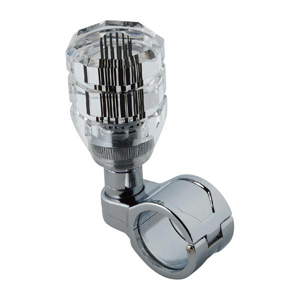 透明樹脂製のスリットライン入りのハンドルスピンナーです。商品本体ノブ部のサイズは約45ミリφＸ高さ約60ミリです。ハンドルグリップ部の太さが26〜32ミリφくらいに適合します。六角レンチ・ゴムパッキン2枚を付属しております。※ハンドル側に締...