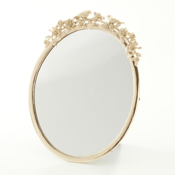 卓上をエレガントに彩る、スタンドタイプのラウンドミラー。トップ部分には2羽の可愛い小鳥と草花が象られています。▼サイズ幅22cm 高さ29cm厚み1cm（立てかけた時の奥行14.5cm）▼材質合金・ガラス▼その他通常、ご注文日から5-7日で...