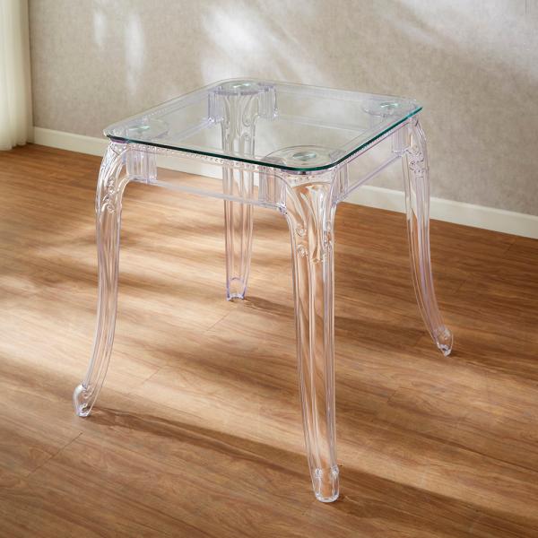 ▼商品名：クリアテーブル シャトー 幅71.5cm▼サイズ（cm）本体：幅71.5 奥行71.5 高さ74 天板：幅62　奥行62▼生産国：中国▼材質：ポリカーボネート、ガラス天板部分はガラス製のため木枠梱包にてお届けします。木枠の取り外し...