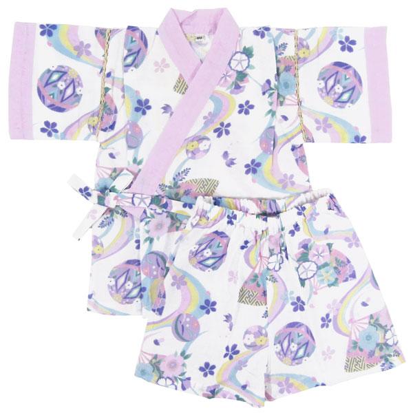 二重ガーゼ生地の女の子甚平上下セット　薄紫・白　花柄　80サイズ素材：綿100％生地・染色：日本縫製：中国洗濯機可（弱水流/上限30℃）★光の加減により、画面上の写真の色と実際の商品の色が異なって見えることがあります。