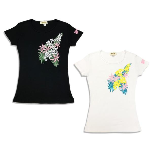 動きやすく適度なフィット感のあるフライス素材のTシャツです。スパイダーリリーとプルメリアを左肩から胸へ咲かせました。レッスン着としてはもちろん、ジーンズやスカートと合わせて普段着としてもGOOD!!MAT-10フラダンスTシャツ　レッスンT...